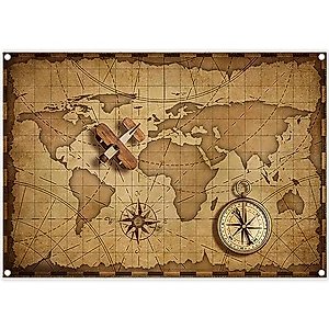 Swepuck 84x60inch Vintage World Map Backdrop Airplane Travel Photography Background Kids Birthday Party Decorations Baby Shower Photo Booth Props
