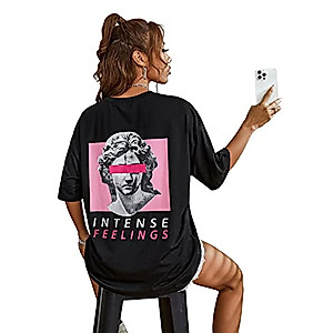 SweatyRocks Women's Short Sleeve Drop Shoulder Round Neck Tee Graphic Print Oversized Loose Fit T-Shirt Tops Black Pink M