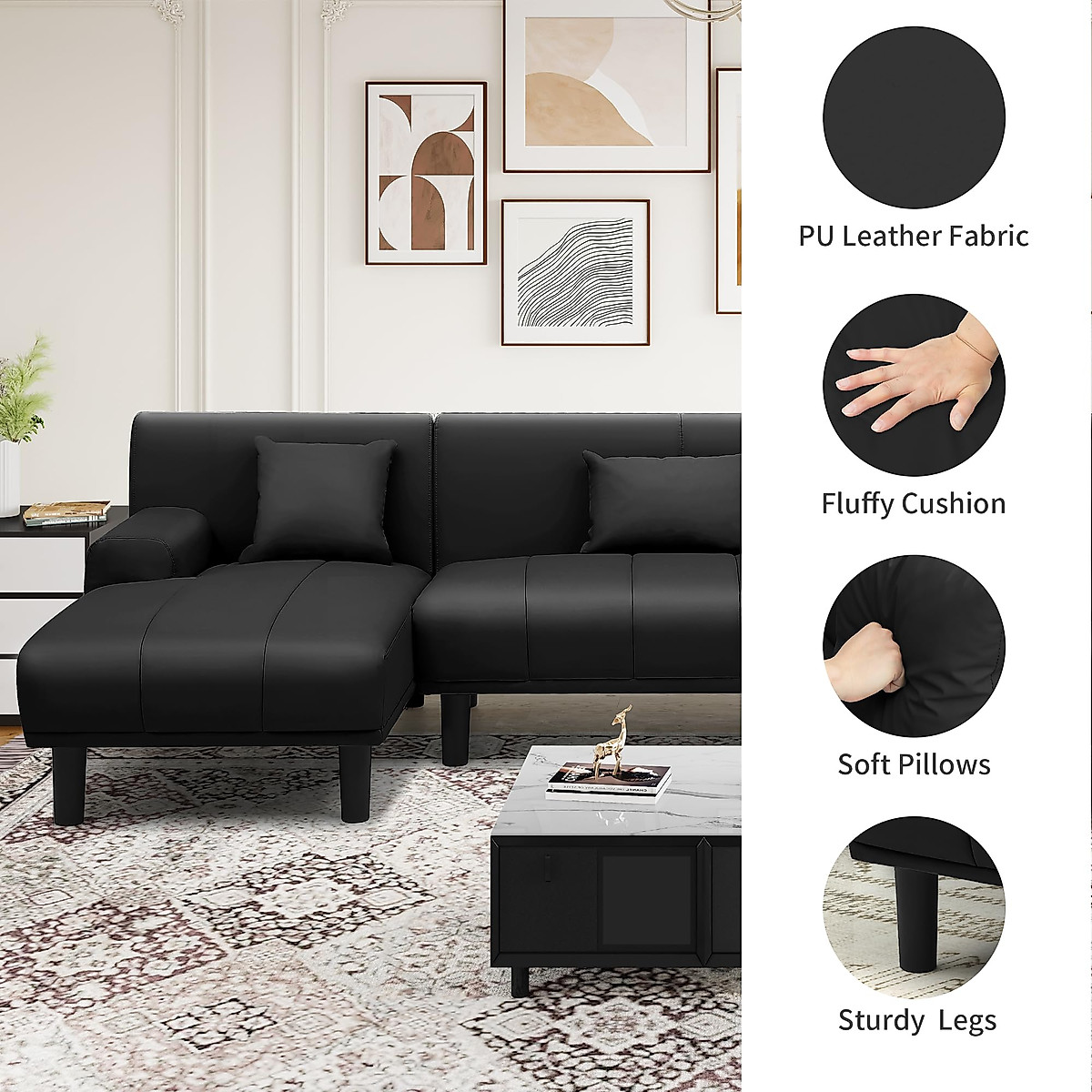 YITAHOME Sectional Couches for Living Room, U Shaped Sofa Faux Leather Modern Couch with USB & Type C Charging Ports Double Chaise and Comfy Upholstered, Black