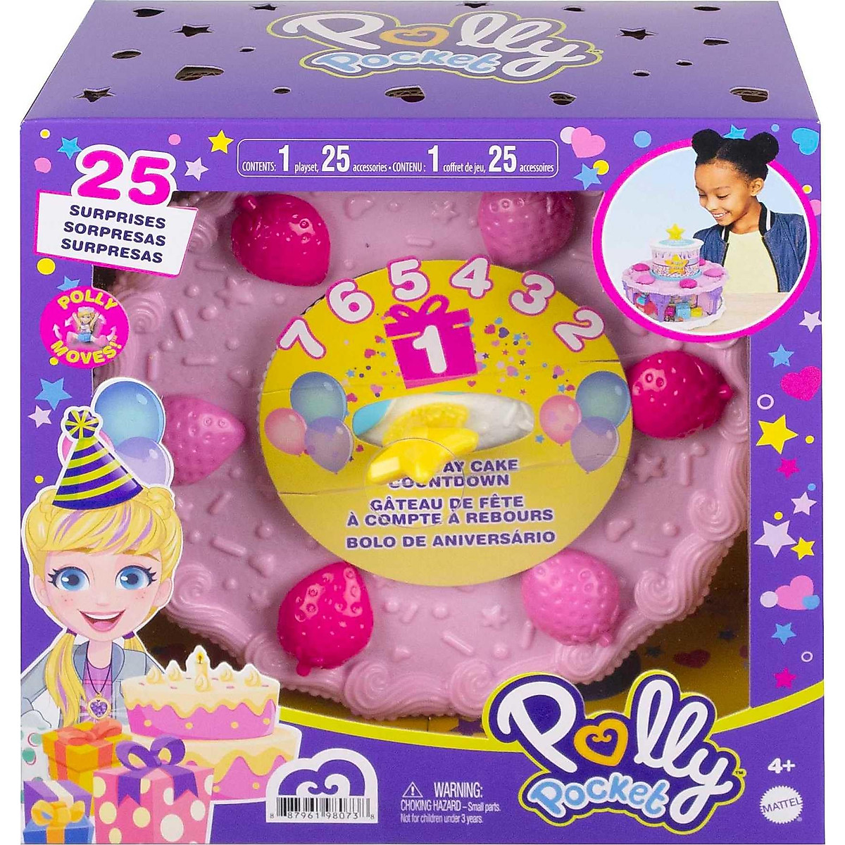 Polly Pocket 2-in-1 Playset, Unicorn Toy with 2 Micro Dolls & 25 Surprise Accessories, Birthday Cake Countdown