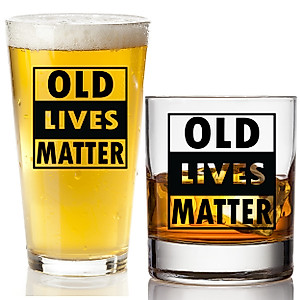 Old Lives Matter Beer Glass + Whiskey Scotch Glass - Funny Retirement or Birthday Gifts for Men - Unique Gag Gifts for Dad, Grandpa, Old Man, or Senior Citizen