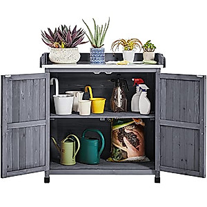 Yaheetech Garden Potting Bench Table - Outdoor Garden Patio Wooden Storage Cabinet & Solid Wood Planting Work Bench with Large Space Storage & Metal-Plated Tabletop, Gray