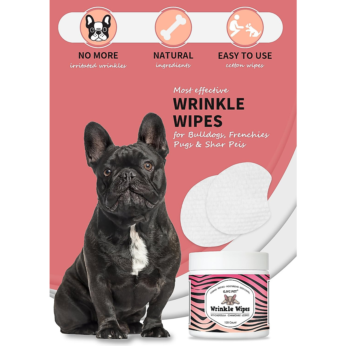 Natural Wrinkle Wipes for Dogs, 120 Count, Hypoallergenic Dog Wipes, Wrinkle Wipes French Bulldog, Cleaning & Deodorizing, Dog Wipes for Grooming Faces, Paws & Butts