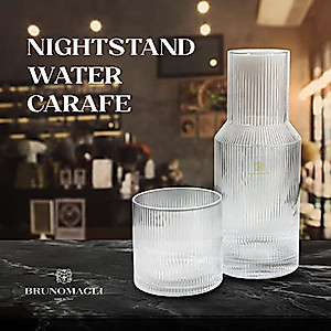 Bruno Magli Ribbed Carafe | 2-Pc Set | Drinking Glass Tumbler Doubles as a Lid | Elegant Nightstand Water Pitcher with Matching Cup for Office, Home, & Guest Room Décor | Gift Boxed (Clear)