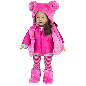 Sophia's 18" Doll 4 pc. Winter Outfit with Hot Pink Nylon Zipped Jacket, Bear Faux Fur Hat and Boots, and Hot Pink and Gray Striped Leggings