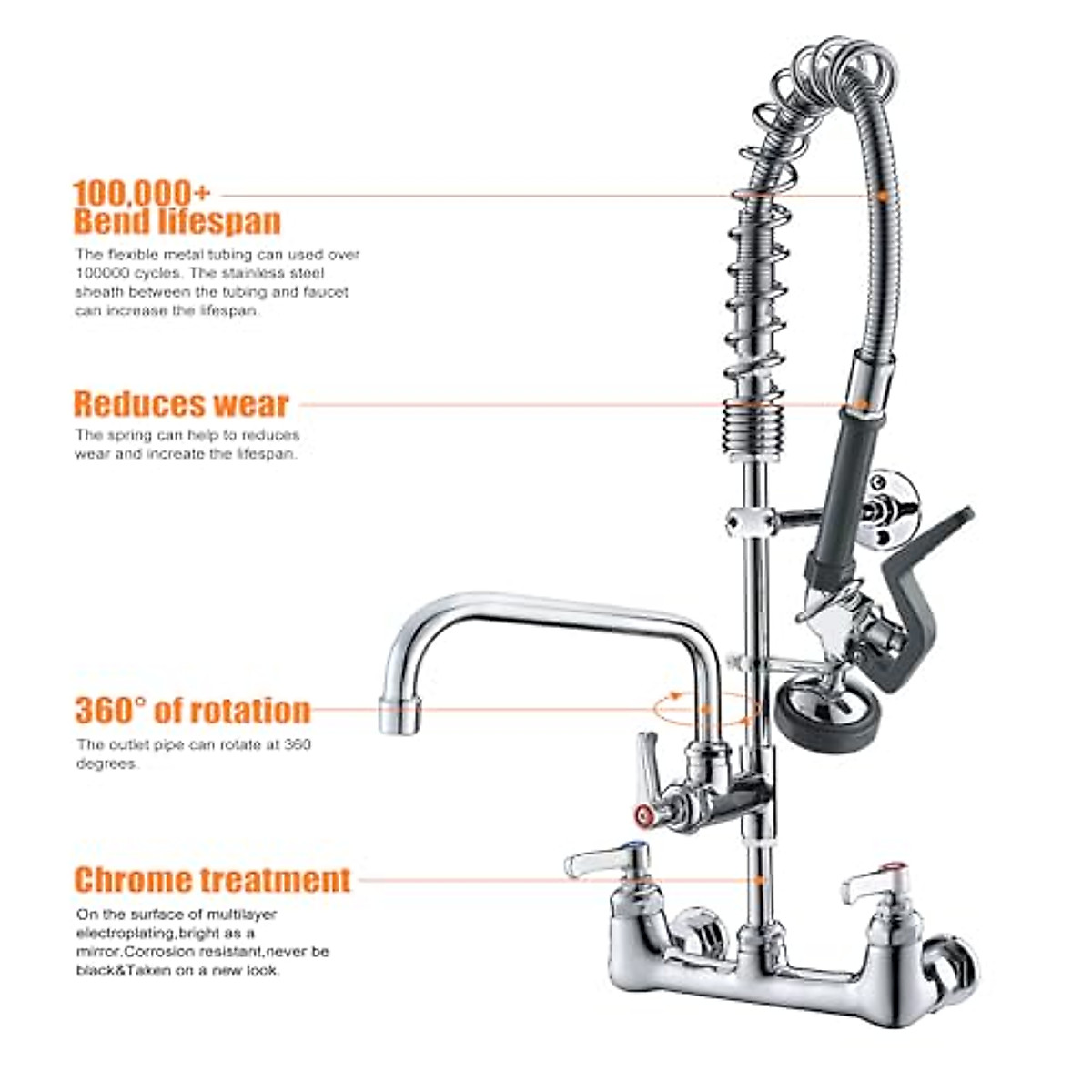 MSTJRY Commercial Faucet with Sprayer Commercial Wall Mount Faucet Commercial Sink Faucet Restaurant Faucet Pre Rinse Faucet with 25 Inch Height, 12 Inch Spout, US Standard