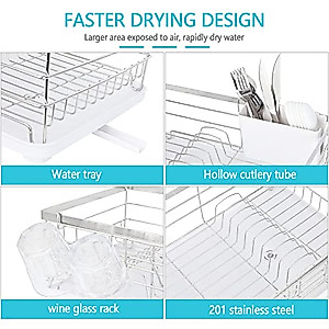 Fogein Dish Drying Rack, Stainless Steel Dish Drainer with Utensil Holder Removable Drainer Tray for Kitchen Countertop, Silver