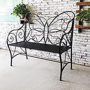 HLC Outdoor Bench Patio Outdoor Garden Bench Butterfly Cast Iron Metal with Armrests for Garden, Park,Yard, Patio, Porch, Lawn Double Seats Black