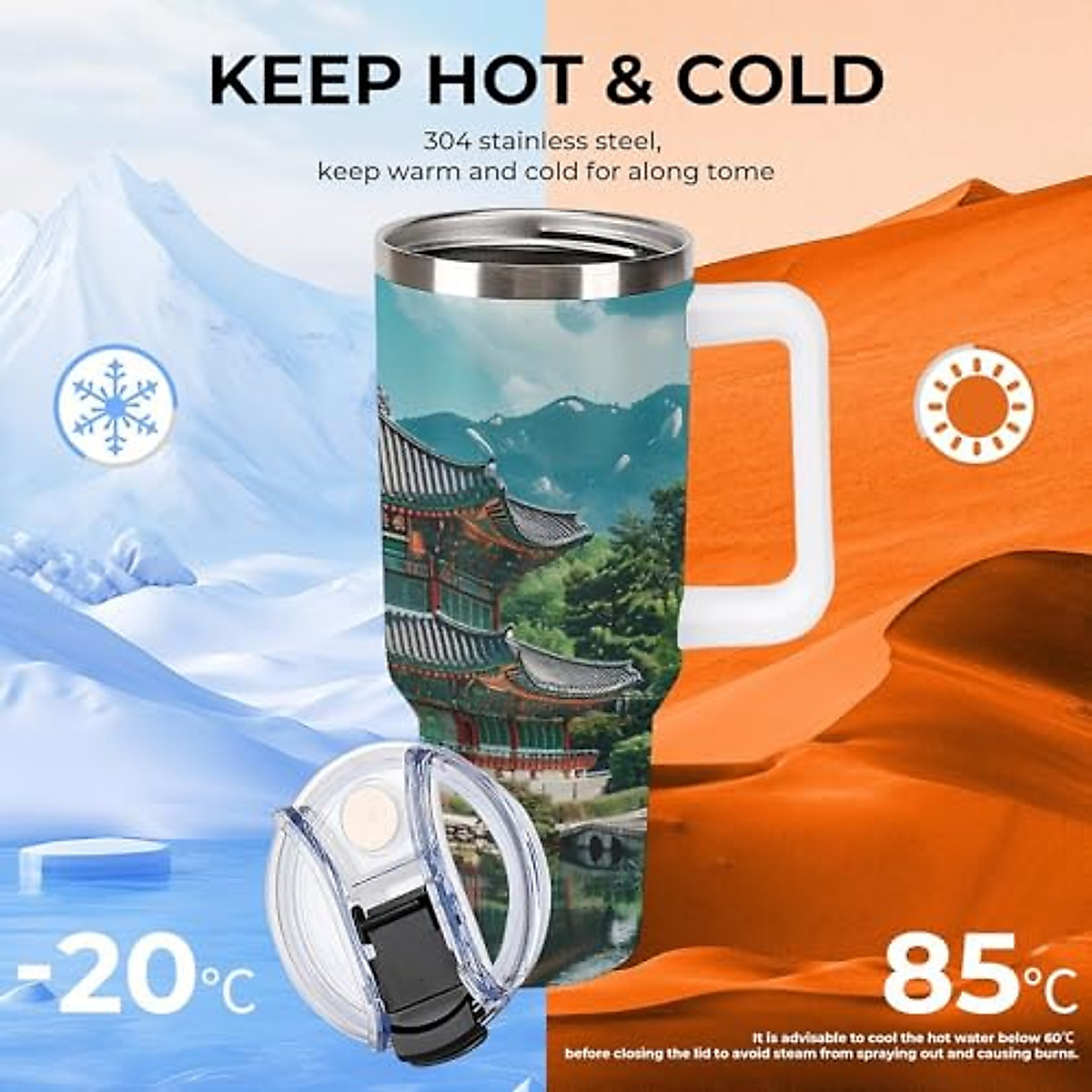 Korean Architecture Palace of Koreas Insulated Tumbler with Handle Stainless Steel Travel Coffee Mug with Lid And Straw 40oz