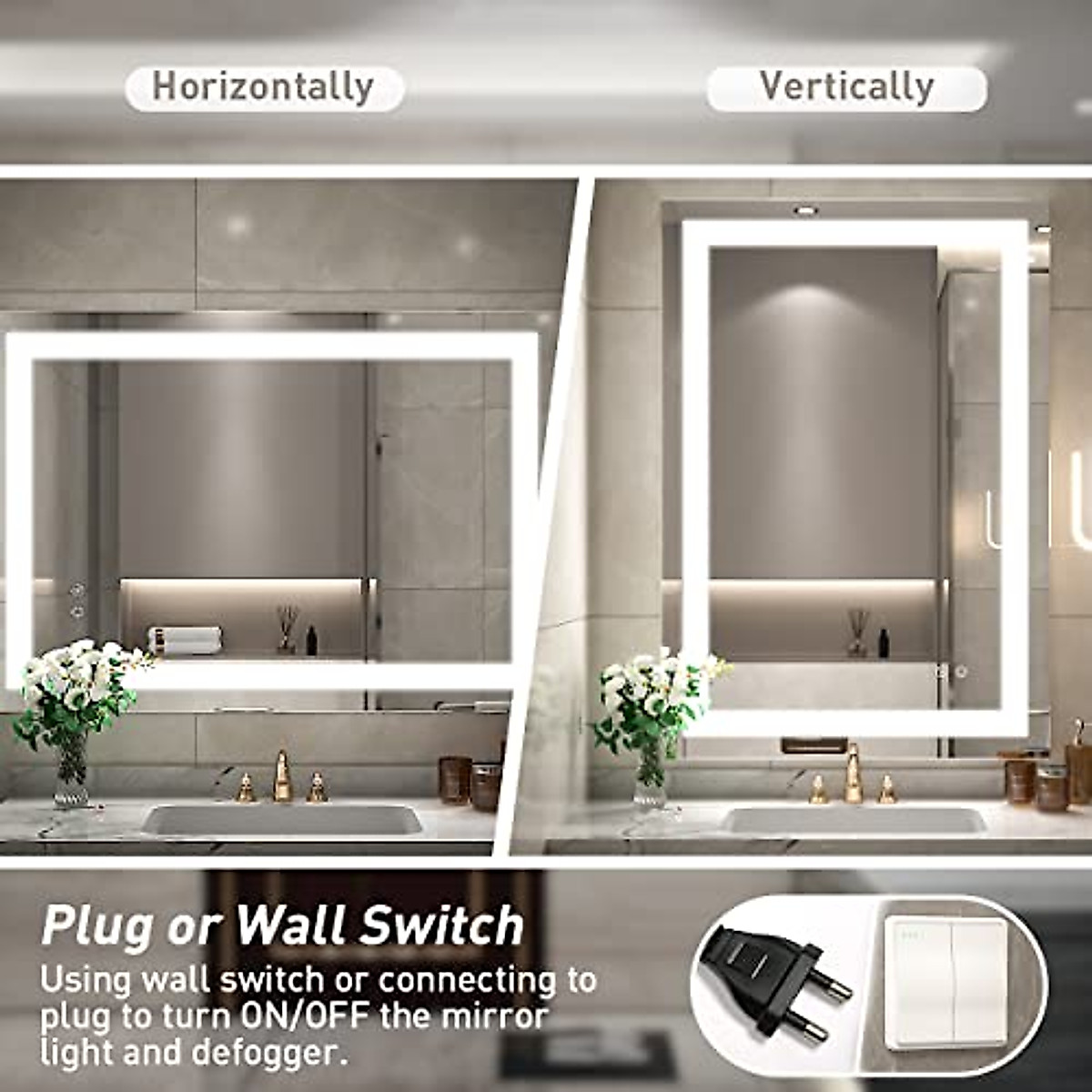 FTOTI 36 x 24 Inch LED Bathroom Mirror for Vanity,Wall Mounted Lighted Mirror, Frameless Bathroom Mirror with Lights Dimmable Anti-Fog Memory Function(Horizontal&Vertical)