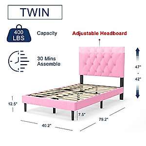 Molblly Twin Size Platform Bed Frame with Adjustable Headboard, Flannel Fabric Wrap, Strong Frame and Wooden Slats Support, No Box Spring Needed, Non-Slip and Noise-Free, Easy Assembly, Pink