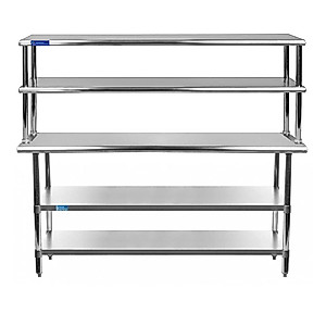 24" x 60" Stainless Steel Work Table with Two Shelves and 12" Wide Double Tier Overshelf | Metal Kitchen Prep Table & Shelving Combo