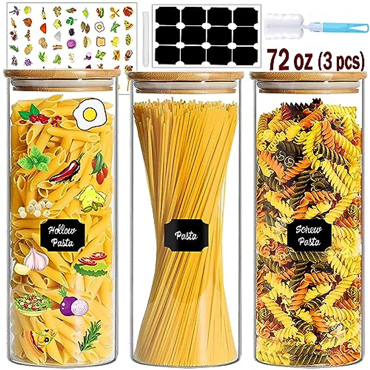 BGraceyy Glass Jars with Bamboo Lids, 72 oz 3 Pcs Kitchen Glass Containers with Bamboo Lids, Airtight Glass Pantry Storage Containers with Lids for Spaghetti, Pasta, Rice, Nuts, Flour, Bean, Dry Foods