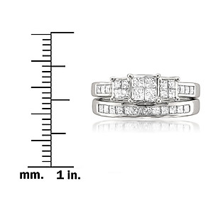 Beyond Brilliance 1.10 Carat Diamond, Prong-Set 14K White Gold Princess Cut Three-Stone Diamond Engagement Bridal Ring Set (I-J, I1-I2)