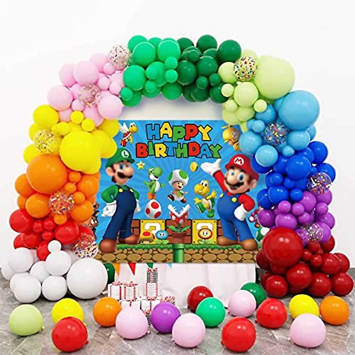 Super Brother Cartoon Backdrop Background Gold Coin Video Game Mushroom Blue Happy Birthday Backdrop for Kids Baby Shower Party Supplies Cake Table Banner Photo Booth Studio Props 7x5FT