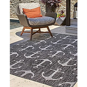 Unique Loom Outdoor Coastal Collection Area Rug - Ahoy (4' 1" x 6' 1" Rectangle, Charcoal/ Ivory)