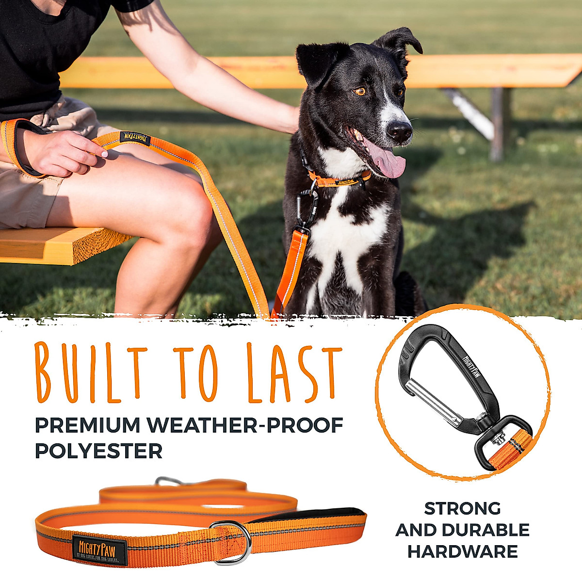 Mighty Paw Dog Leash - Soft Padded Handle - D-Ring and Pet Leash Clip - Carabiner Clip - Weatherproof with Reflective Stitching - 6 Foot Long Dog Leash for All Dog Breeds - Dog Walking Leash (Orange)