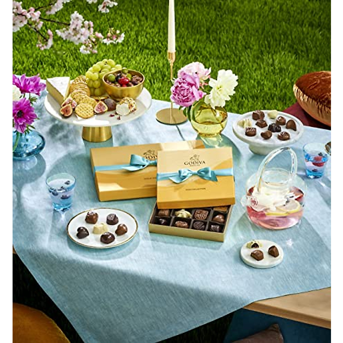 Godiva Chocolatier Assorted Chocolate Gift Box - Assorted Dark, Milk, White, Raspberry, Caramel, and Chocolate- Blue Ribbon Classic Gold Box - 8 pieces