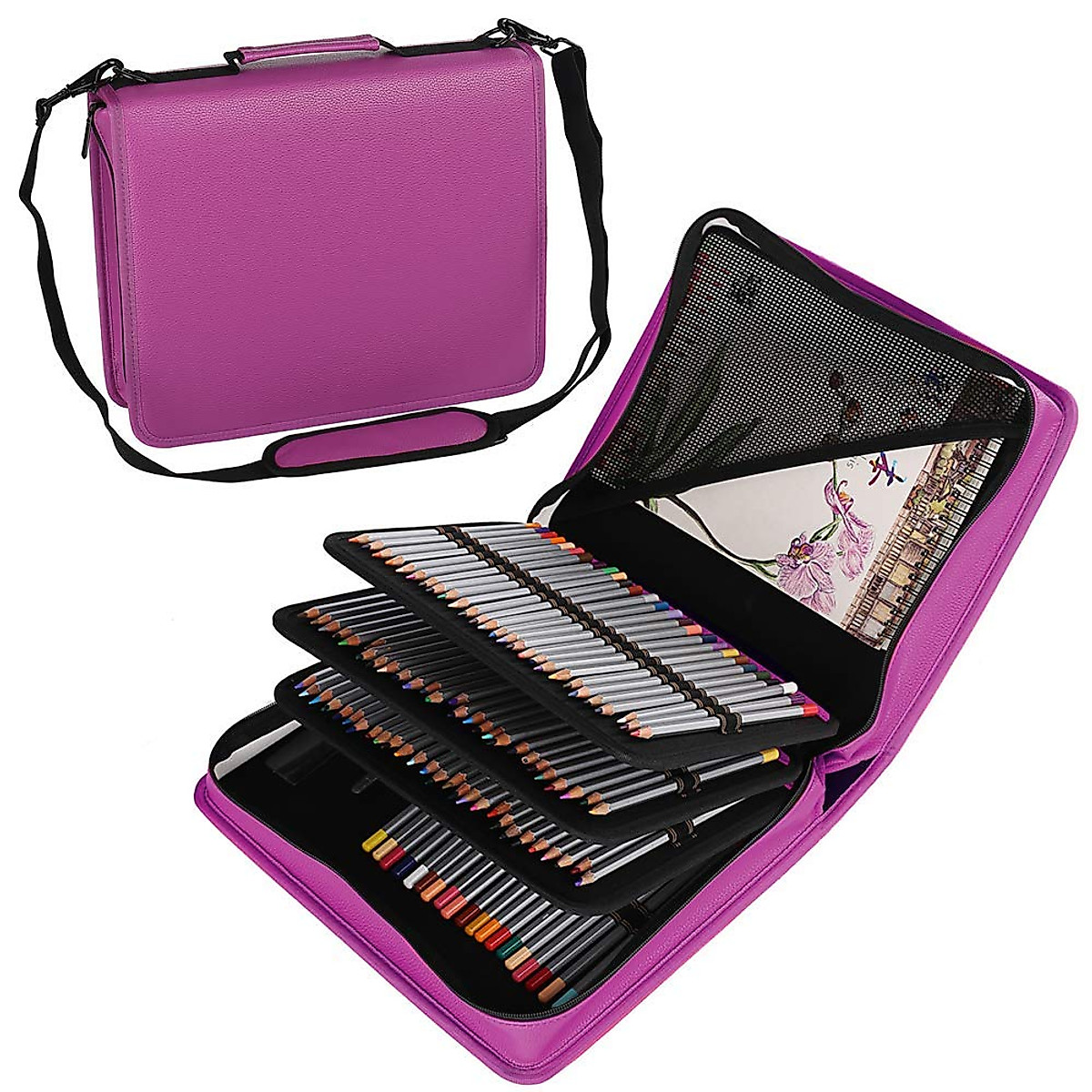 Shulaner 180 Slots Pencil Case Leaves Print Colored Pencils Holder Large Capacity Portable Pencil Bag Organizer (Purple, 180)