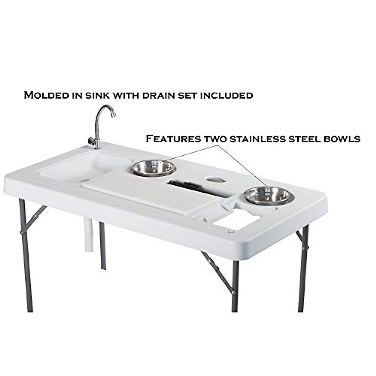 Old Cedar Outfitters Deluxe Fish Fillet Table, or Portable Folding Camping Kitchen with Cutting Board, Bowls, Knife, Odor Bar, Sink, Drain and More! 49.8" x 25.6" x 37.2", White,Camp