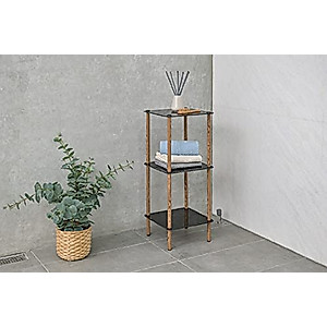 ikloo 3-Tier Metal & Glass Black Shelf, Shelving Display Rack, Open Glass Shelves; Multifunctional Freestanding Storage for Living Room, Bathroom, Home Office, Hallway, Bedroom Organization Rack.