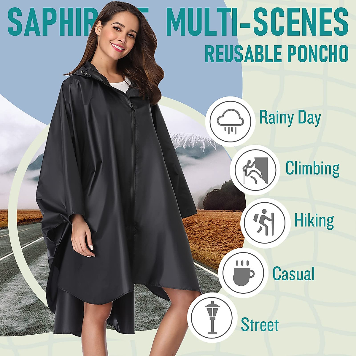SaphiRose Unisex Rain Poncho Raincoat Hooded for Adults Women with Pockets(Black)