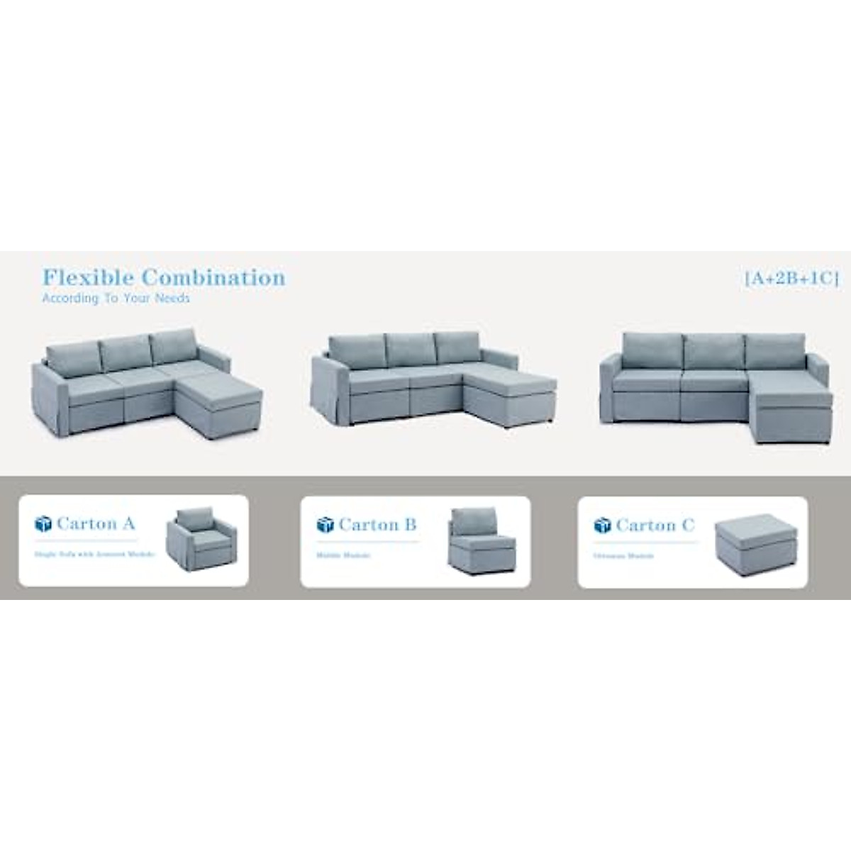 Convertible Modular Sectional Sofa Sleeper Couch,Free Combination Sofa Couch for Living Room,Seat Cushion and Back Cushion Removable and Washable,Light Blue (3 Seater with 1 Ottoman)