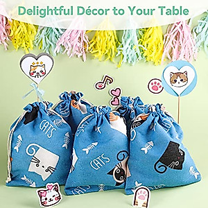 12pcs Kitty Cat Party Favors Treat Bags Drawstring 6x8”, Small Fabric Cotton Linen Gift Pouch Bags Reusable Cloth Candy Goodies Bag for Kids Cute Pet Cat Animals Themed Birthday Party Decoration