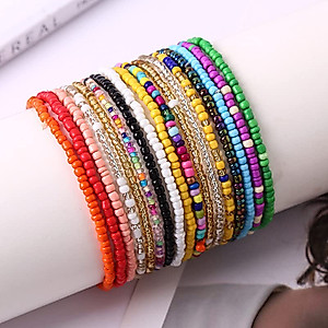 Soyzvteo 17Pcs Elastic Beaded Bracelets Bohemian Stackable Beaded Stretch Bracelets Colorful Boho Beach Bracelet Set Rainbow Handmade Seed Beach Bracelet Jewelry for Women Girl