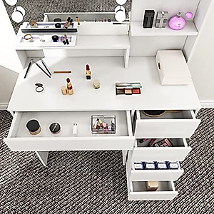Furniouse 37" W Vanity Desk, Vanity Mirror with Lights and Table Set with 5 Drawers, Vanity Set 3 Lighting Modes Brightness Adjustable for Bedroom Studio