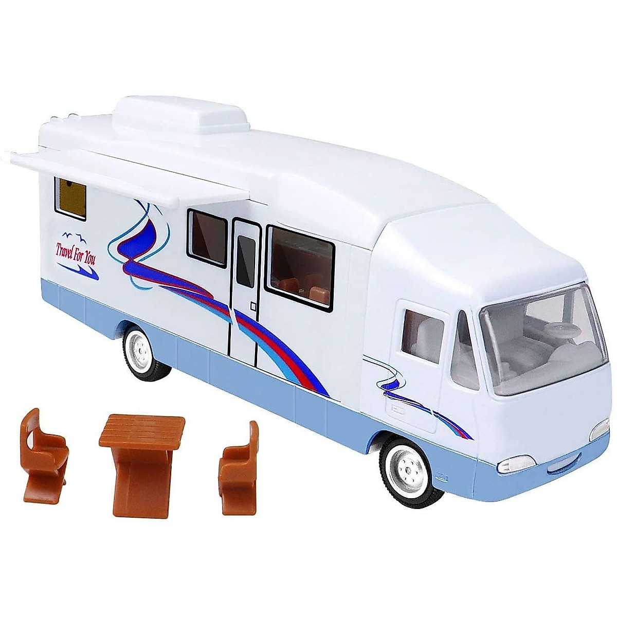 HAPTIME Cool Mini Motorhome Toy Die-cast Car Pullback Recreational Vehicle Pull Back RV with DIY Furnitures Holiday Camper Van Model for Kids Children Gift 7.6 inch (White)