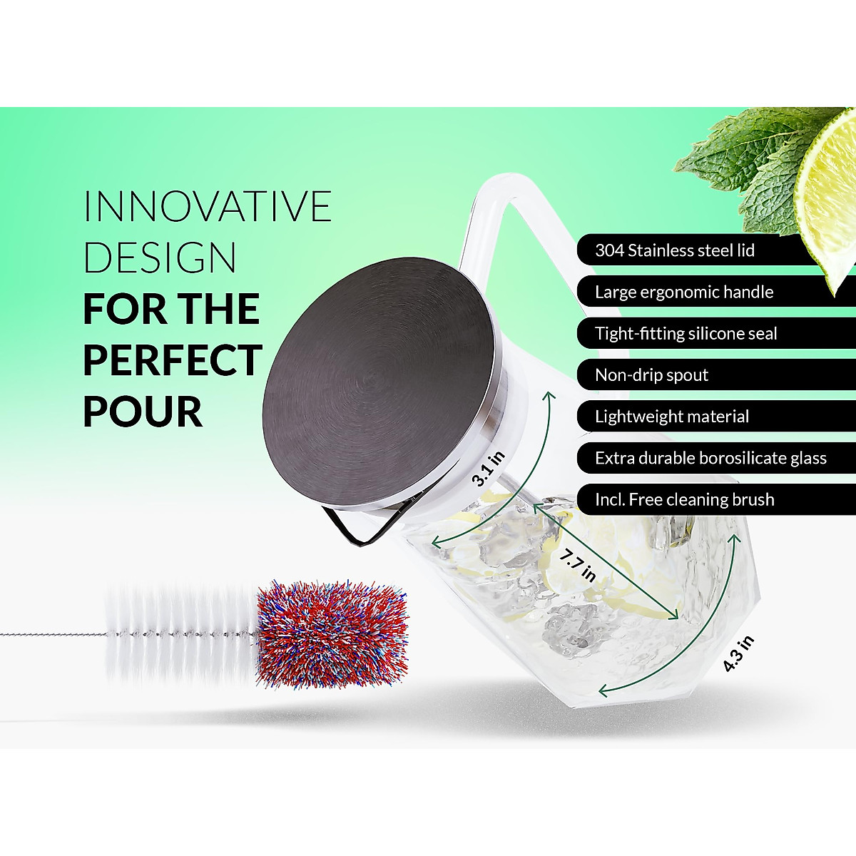 Oval Orange Glass Pitcher with Lid and Spout (1.5 L | 51 oz) - Borosilicate Glass Water Pitcher - for Hot & Cold Beverages - incl. Cleaning Brush