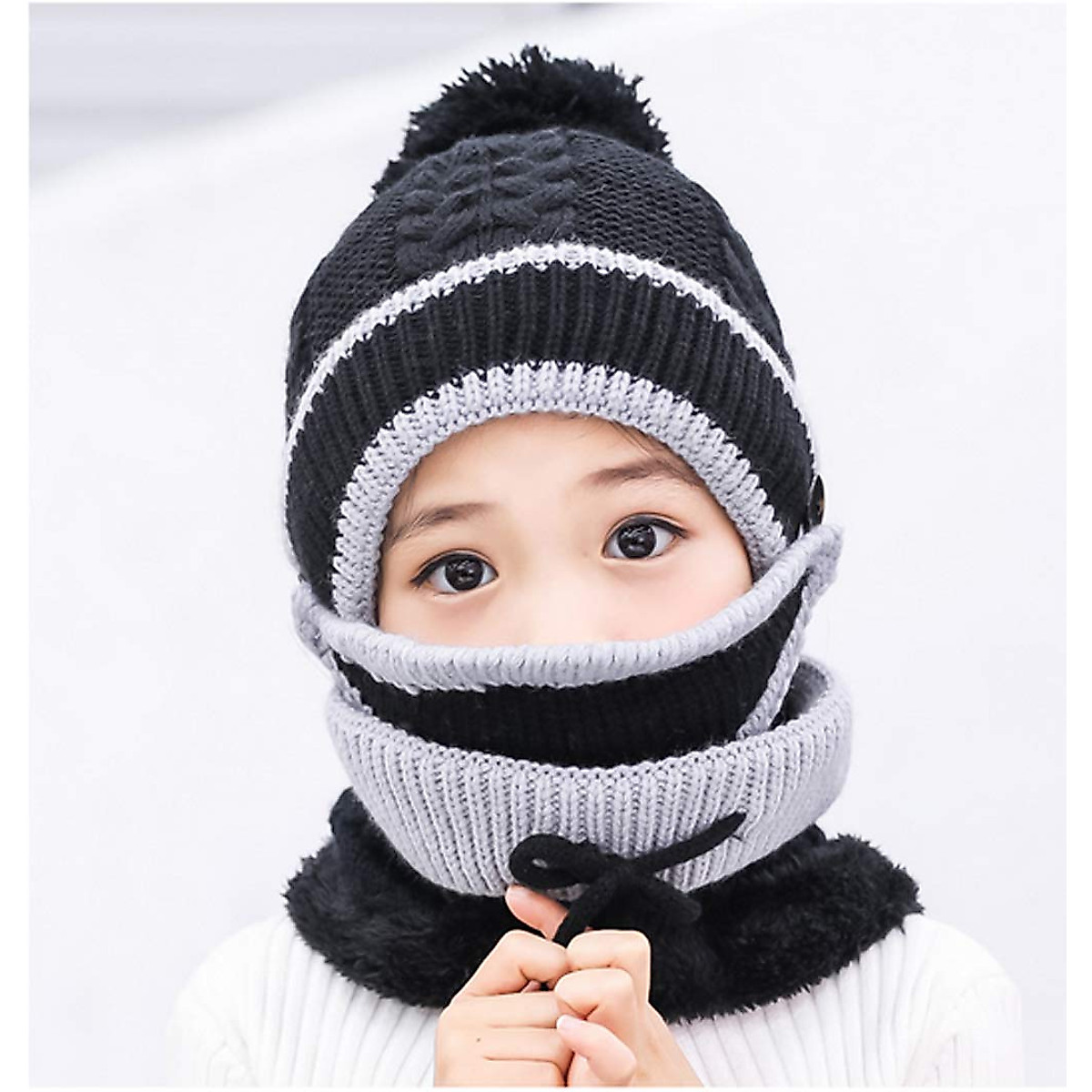 3 in 1 Winter Knitted Beanie Hat Scarf Mouth Mask Set for Girls Boys Kids, Warm Fleece Lined Ski Cap with Pompom Neck Warmer (Black)