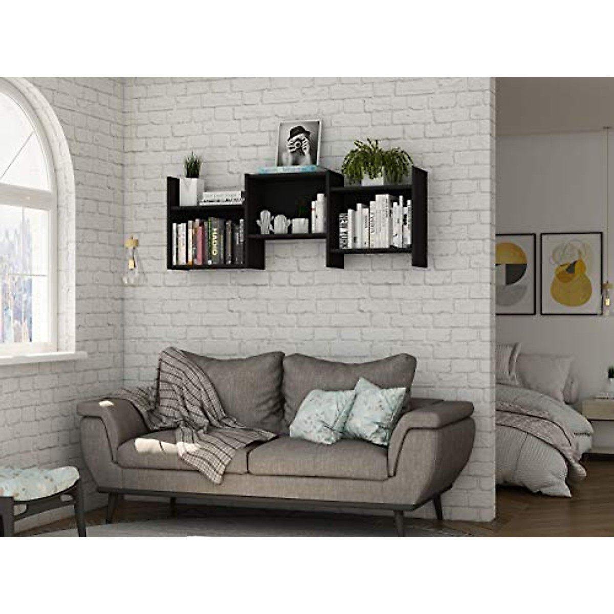 Manhattan Comfort Hampton Mid-Century Modern Living Room Zig-Zag Wall Décor Shelves, 49.04", Black