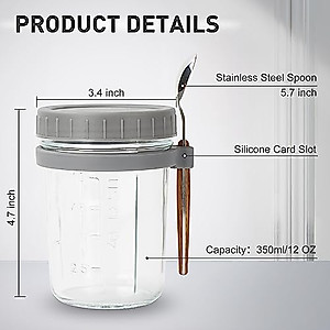 4 Pack Overnight Oats Containers with Lids and Spoons, 12 oz Glass Mason Overnight Oats Jars, Airtight Oatmeal Container with Measurement Marks for Yogurt Milk Cereal Vegetable and Fruit Salad