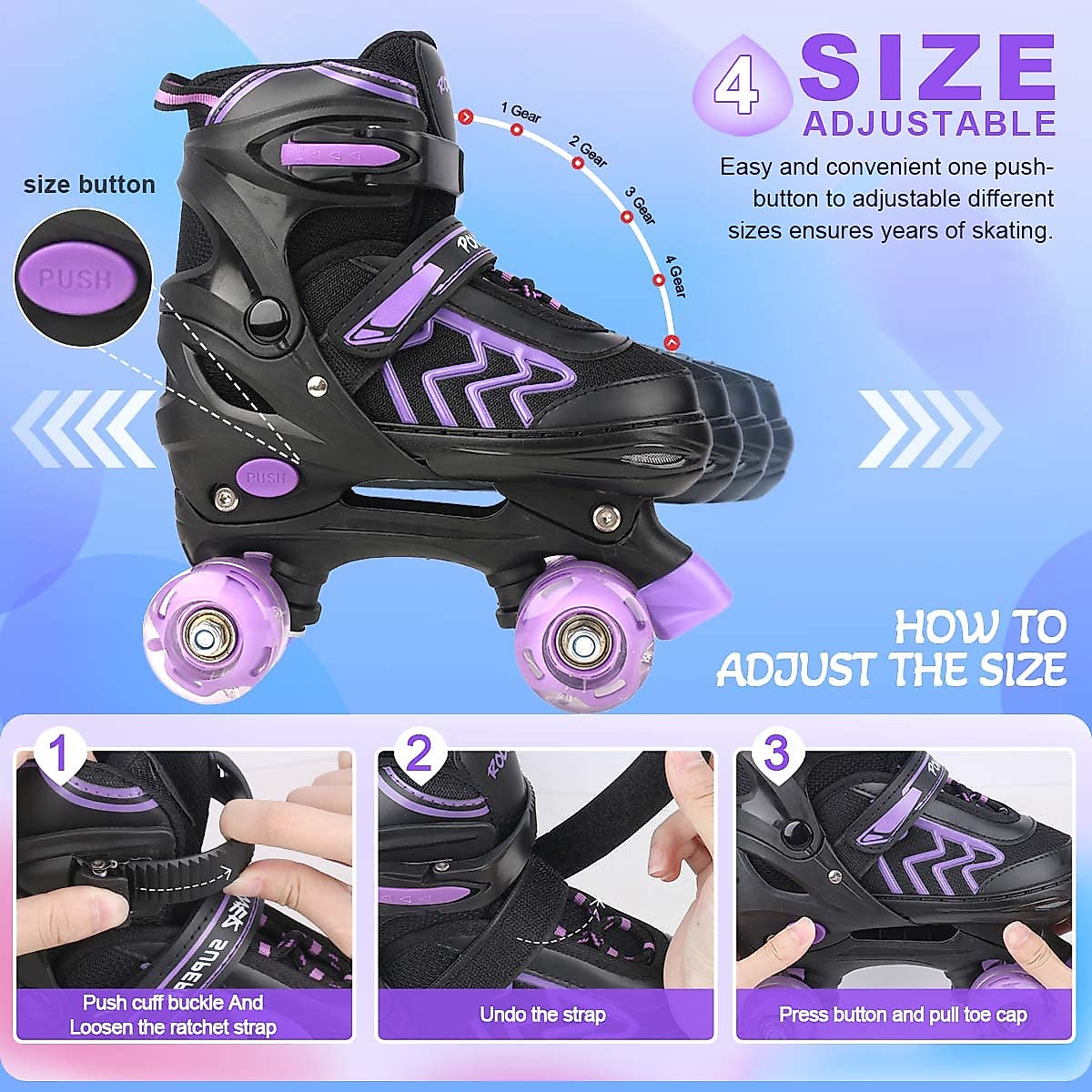 Toddler Roller Skates for Girls Kids Ages 3-5 Adjustable 4 Sizes Small Size