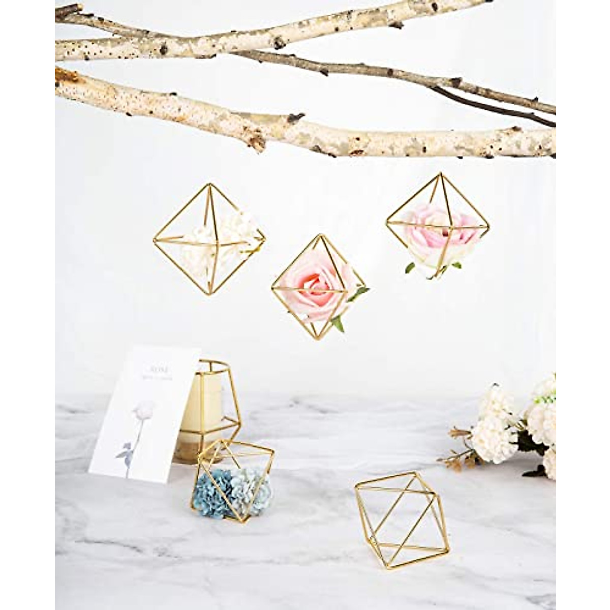 Mkono 5 Packs Air Plant Holder, Same Shape Metal Tabletop Himmeli Decor Geometric Planter Tillandsia Air Fern Display Stand with Each Side 2.6'' Long for Christma Decor Gifts for Plant Lovers, Gold