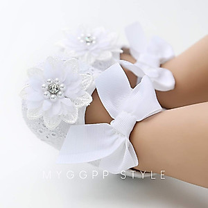 Baby Girl White Shoes Mary Jane Flats Soft Sole Bowknot Floral Princess Christening Baptism Wedding Dress Shoes for Newborns, Infants, Babies 0-6 Months