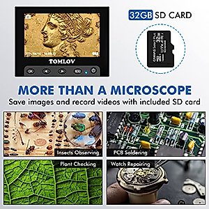 TOMLOV 1000X Error Coin Microscope with 4.3" LCD Screen, USB Digital Microscope with LED Fill Lights, Metal Stand, PC View, Photo/Video, SD Card Included, Windows Compatible, Model- DM4S
