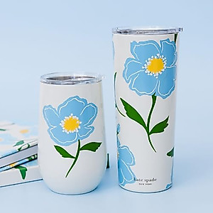 kate spade new york Insulated Stainless Steel Wine Tumbler, 16 Ounce Double Wall Tumbler, Blue Stemless Travel Cup with Lid, Sunshine Floral