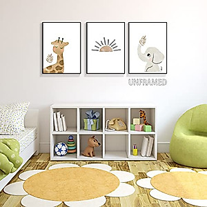 Cute Woodland Animals Giraffe Canvas Wall Art Set of 3 12x16in, Colorful Minimalist Baby Nursery Sun Room Aesthetic Posters, Neutral Elephant Print Painting Decor for Girl Boy Kids Bedroom Unframed