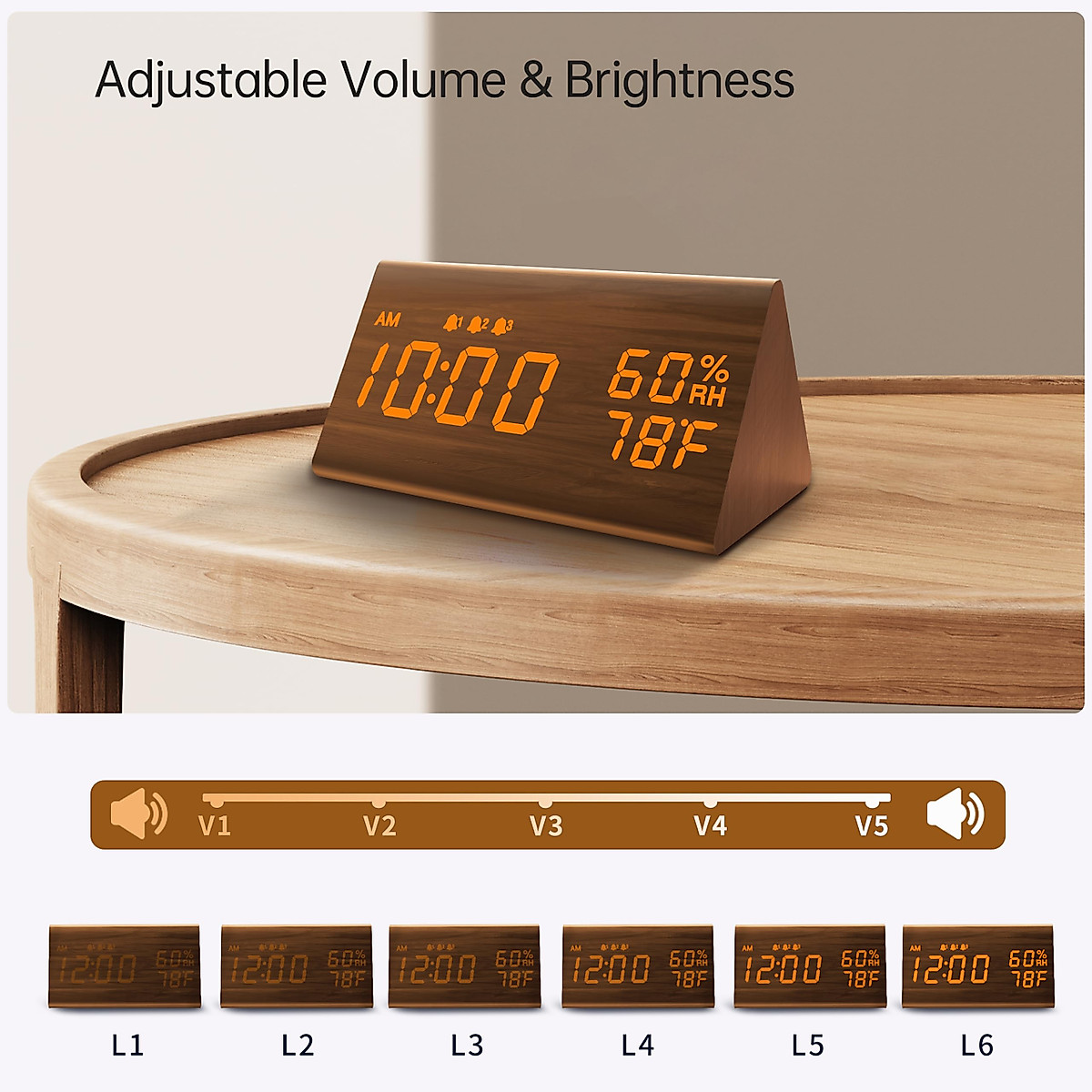 JALL Digital Alarm Clock, with Wooden Electronic LED Time Display, 3 Alarm Settings, Humidity & Temperature Detect, Wood Made Electric Clocks for Bedroom, Bedside (Brown)