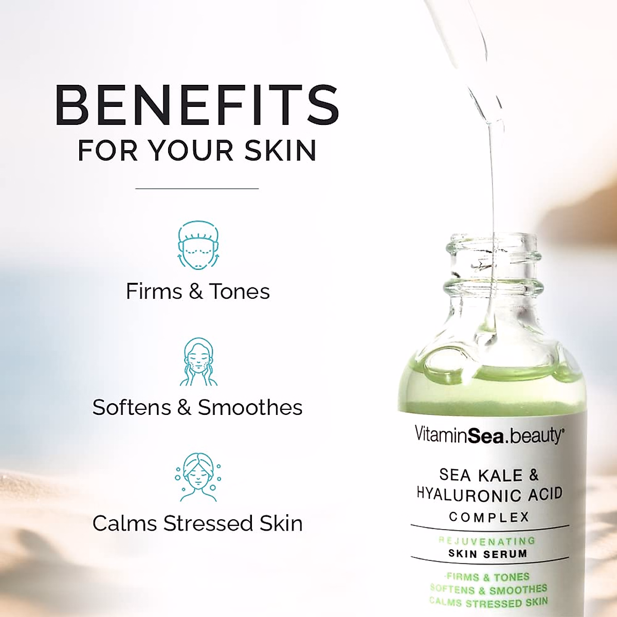 Vitamins and Sea Beauty, Hyaluronic Acid Serum for Face Anti-Aging with Sea Kale, Smoothing Facial Serum Skin Firming Hydrating Rejuvenating, 2 Fl Oz