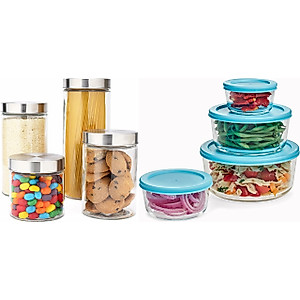 EatNeat 4 Piece Beautiful Glass Kitchen Canisters with Stainless Steel Lids 4 pc Round Glass Food Storage Containers With Lids