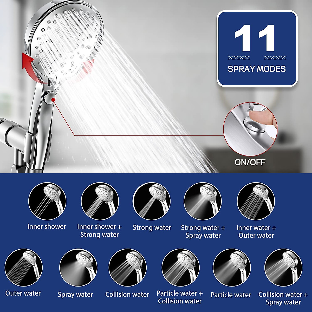 High Pressure Handheld Shower Head 11 Spray Settings, 4.85 inch Pause Switch Water Saving Shower Head, Removable High Flow Bathroom Showerhead with Long Hose and Adjustable Bracket(Chrome)