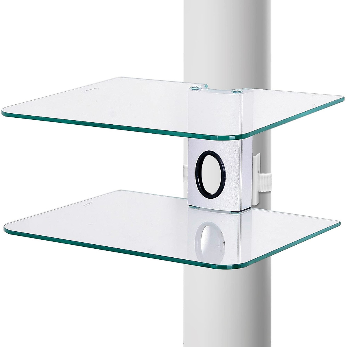 CondoMounts CLMDLSW1002 Pillar & Wall Floating Shelves for Soundbars, Gaming Consoles | No Drill Pillar & Wall Shelf | Holds 40lbs | Fits Pillars 8-in to 48-in Post | Fits No Stud Walls | Clear Glass