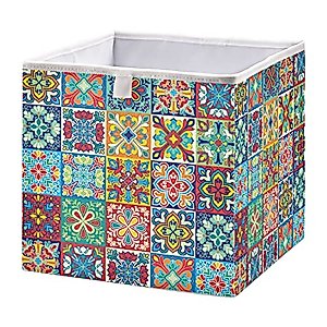xigua Mandala Plaid Cube Storage Bin, 11x11x11 in Collapsible Fabric Storage Cubes Organizer Portable Storage Baskets for Shelves, Closets, Laundry, Nursery, Home Decor