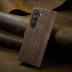 FONREST for Samsung-Galaxy-Z-Fold-5 5G Flip Leather Case, Slim Stitched PU Folio Book Wallet Cover with Kickstand, Card/Cash Slots, Magnetic Closure. Talk on The Phone w/Front Cover Closed(Coffee)