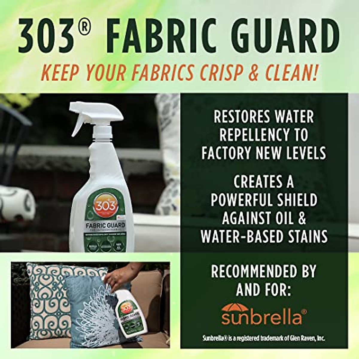 303 Fabric Guard - Restores Water and Stain Repellency To Factory New Levels, Simple and Easy To Use, Manufacturer Recommended, Safe For All Fabrics, 32oz (30606CSR) Packaging May Vary