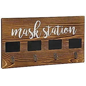 MyGift Wall Mounted Burnt Wood Personal Face Mask Holder Rack with MASK Station Print Design, 4 Mask Key Hooks and Individual Chalkboard Labels